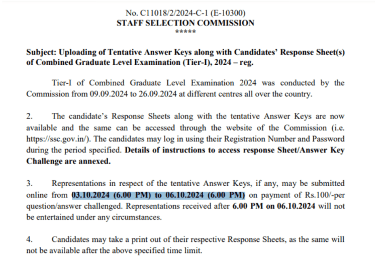 SSC CGL Answer Key 2024 OUT @www.ssc.gov.in Download Here